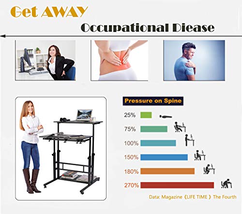 AIZ Mobile Standing Desk, Adjustable Computer Desk Rolling Laptop Desk Cart on Wheels Home Office Computer Workstation, Portable Laptop Stand Tall Table for Standing or Sitting, Black Willow