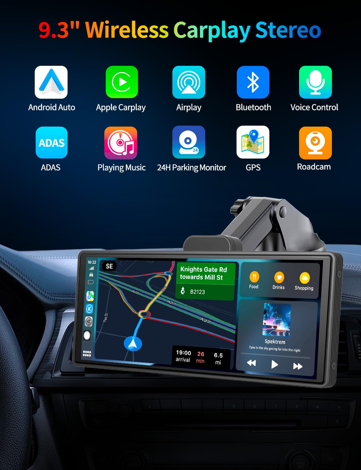 9.3" Portable Apple Carplay Screen for Car with 4K ADAS Dash Cam, Wireless Apple Carplay & Android Auto, 1080P Backup Camera, Phone Mirroring, AUX/FM/Speaker