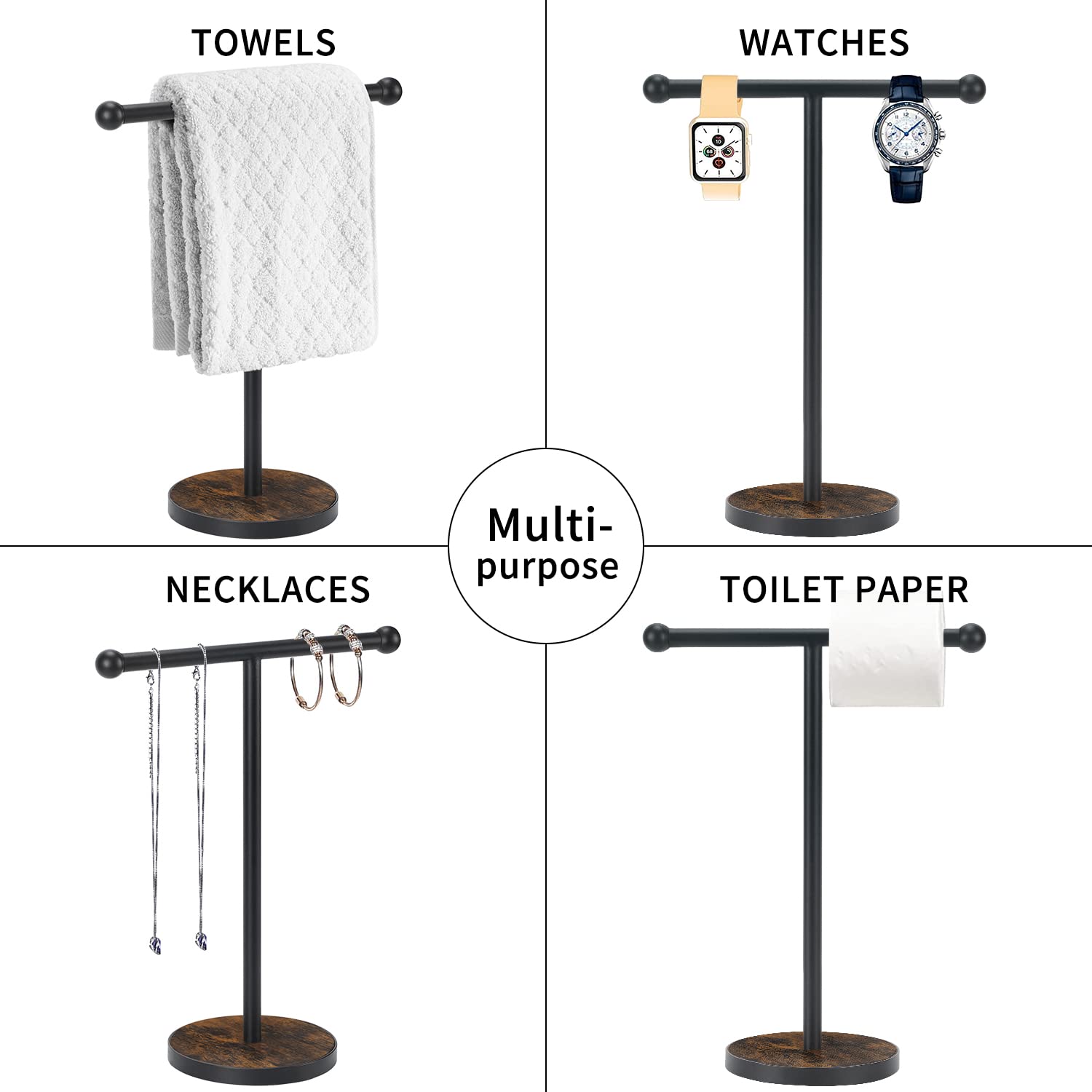 YINMIT Hand Towel Holder Stand, Matte Black T-Shape Free Standing Hand Towel Holder for Bathroom with Heavy Base, Height 15β Wood Countertop Towel Holder for Bathroom Kitchen Countertop Vanity
