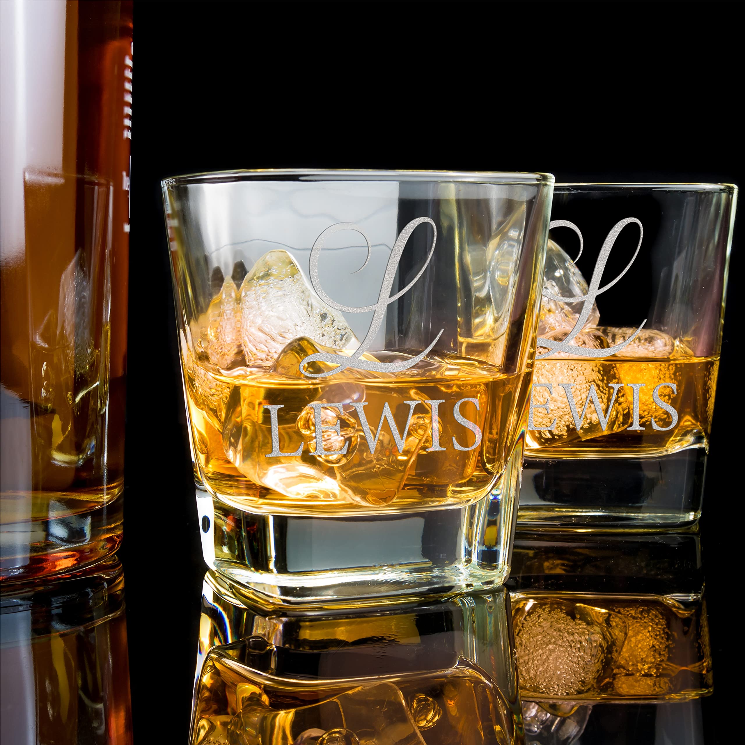 Amazing Items Set of 4 - Whiskey Gifts for Men, Personalized Whiskey Glasses w/Name & Initial - 9 Designs - 9 oz, Limited Edition Monogrammed Rocks Glasses for Whiskey, Dad Gifts