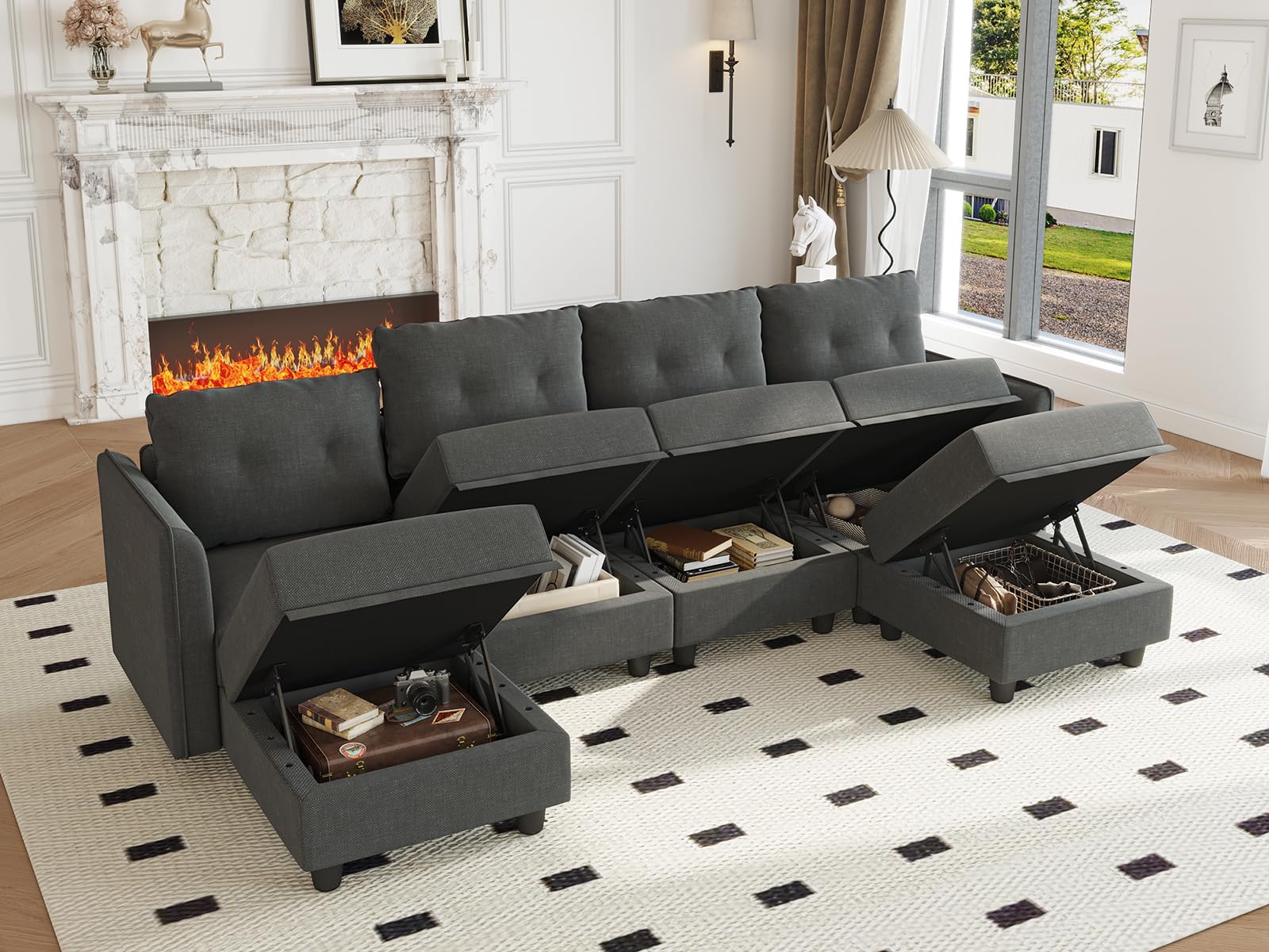 LLappuil Velvet Modular Sofa Sectional 6 Seater U Shaped Couch with Storage, Waterproof, Anti-Scratch Reversible Chaise Sofa, Grey Brown