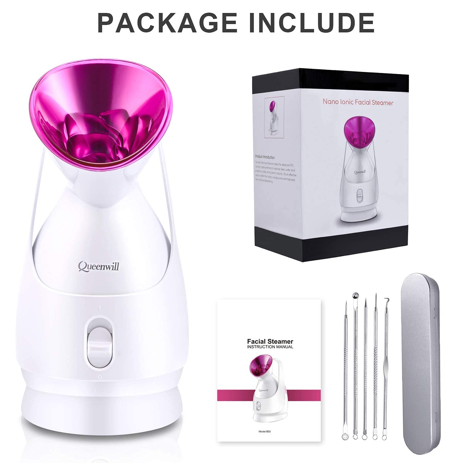 Facial Steamer Nano Ionic Face Steamer Skin Warm Mist Moisturizing Face Steamer Hot Mist Skin Moisturizing Opening Skin Pores Removing Blackhead Home SPA with Free 5 PCS Blackhead Extractor Kit