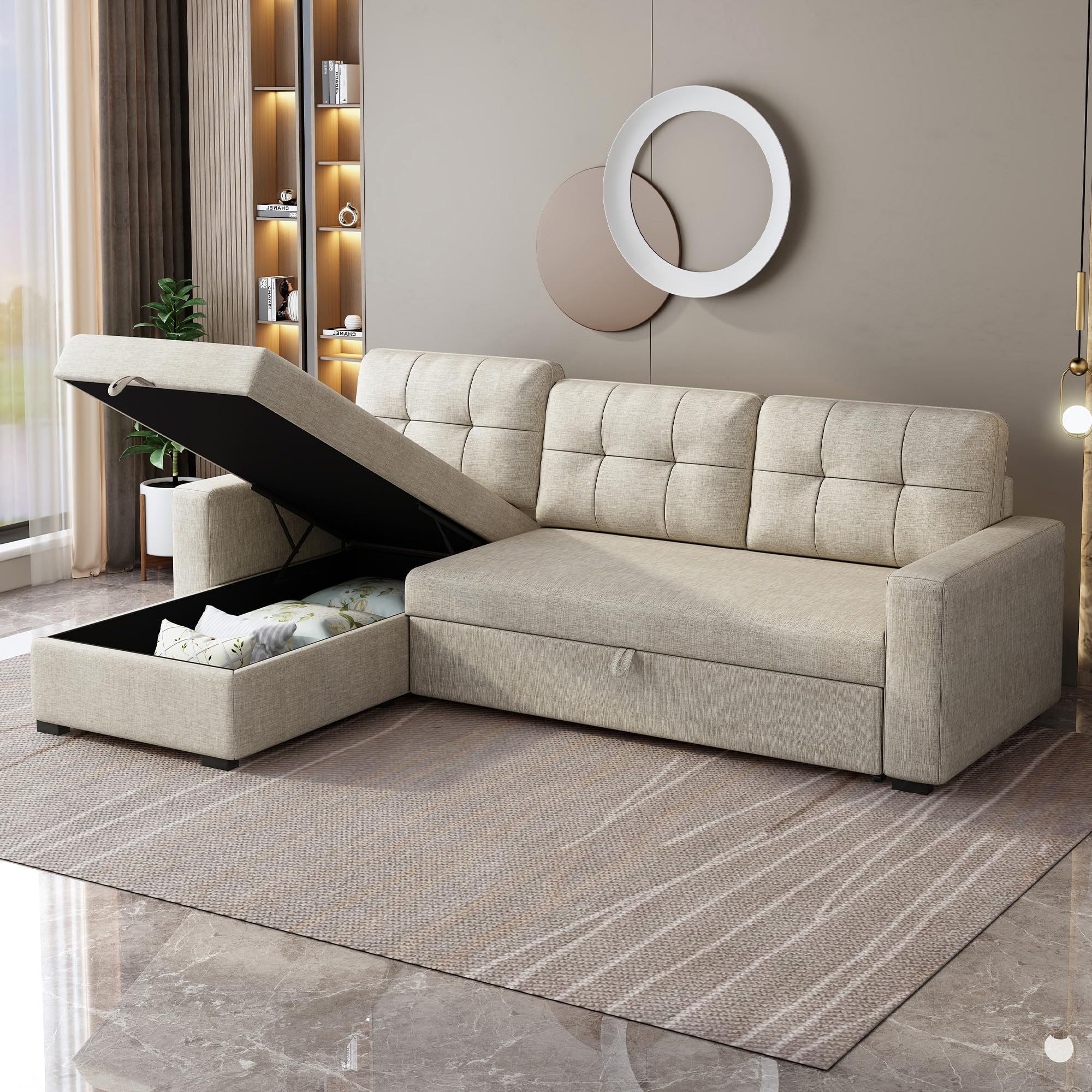 Acosure 81.5" Pull Out Couch with Storage Chaise,L-Shape Upholstered Sectional Sofa Bed W/ 3 Back Cushions,Convertible Sleeper for Living Room Office Apartment,Dark Gray