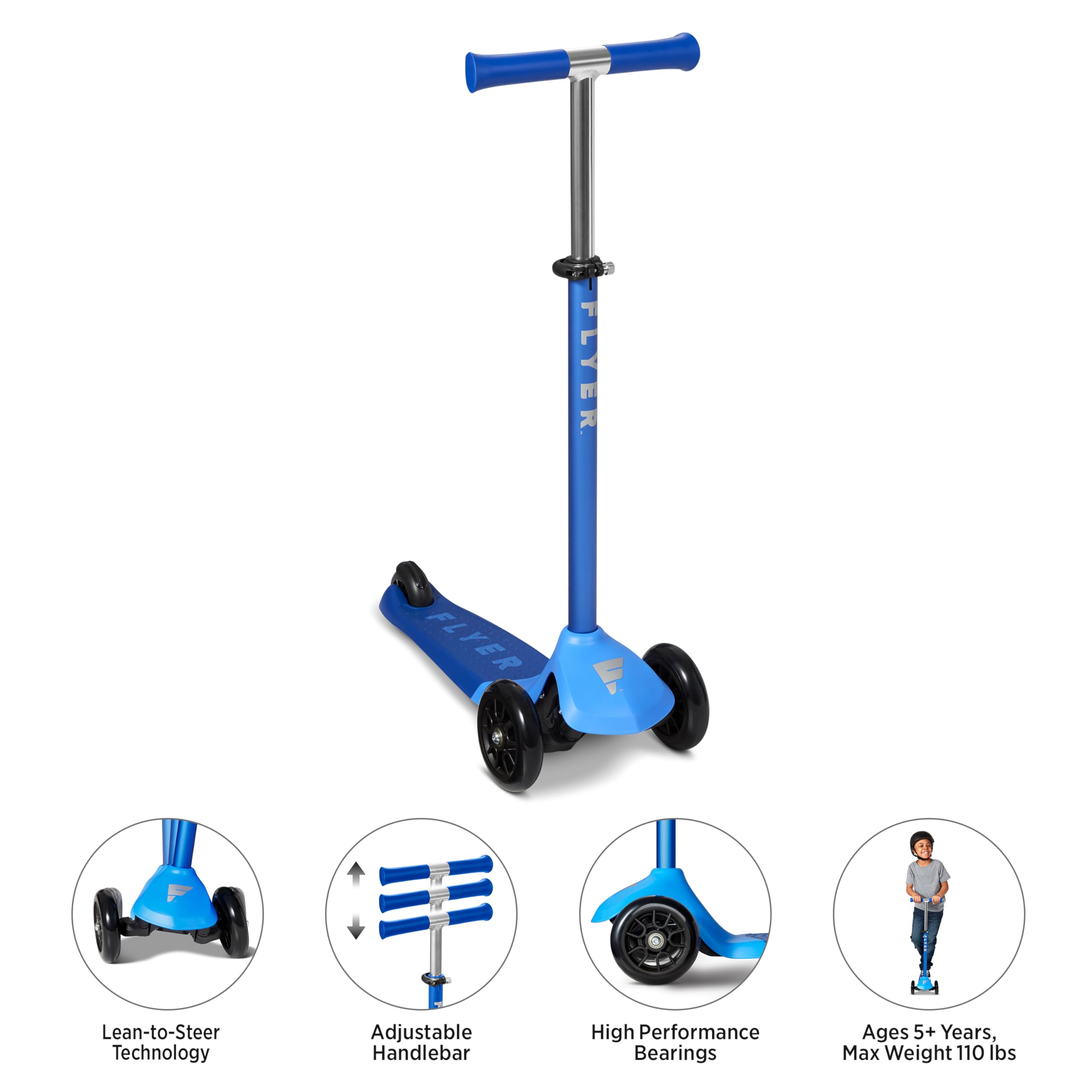 Flyer Glider Pro, Radio Flyer Lean to Steer Kids Scooter, Blue, for Kids Ages 5+ Years