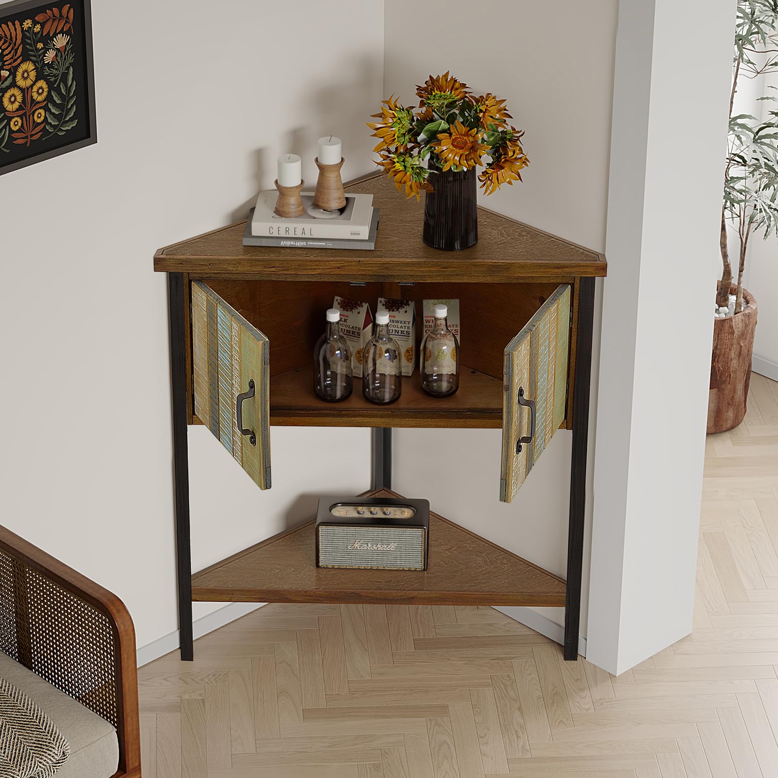 Giofanzo Corner Tables for Living Room, Small Corner Table with Storage Cabinet Table Corner Bar Accent Cabinet with Solid Wood and Metal Frame, Hand-Made Unique Corner Table(Natural Blue)