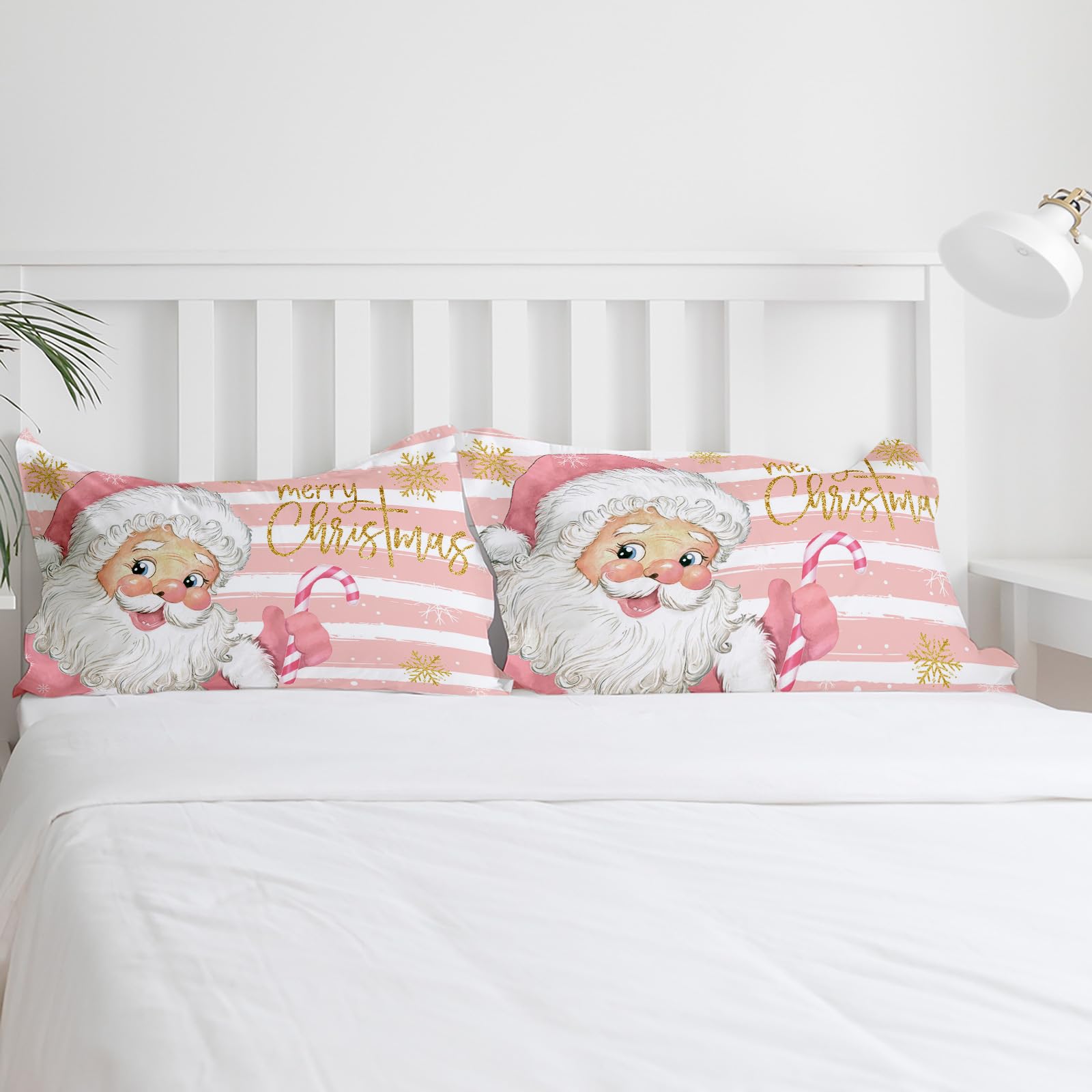 Boanket Pink Santa 3 Pieces Christmas Bedding Set Cal. King Size, Xmas Snowflake Soft Duvet Cover Set Comforter Cover Set with Zipper Closure All-Season Breathable Bedding Set Pink White Striped