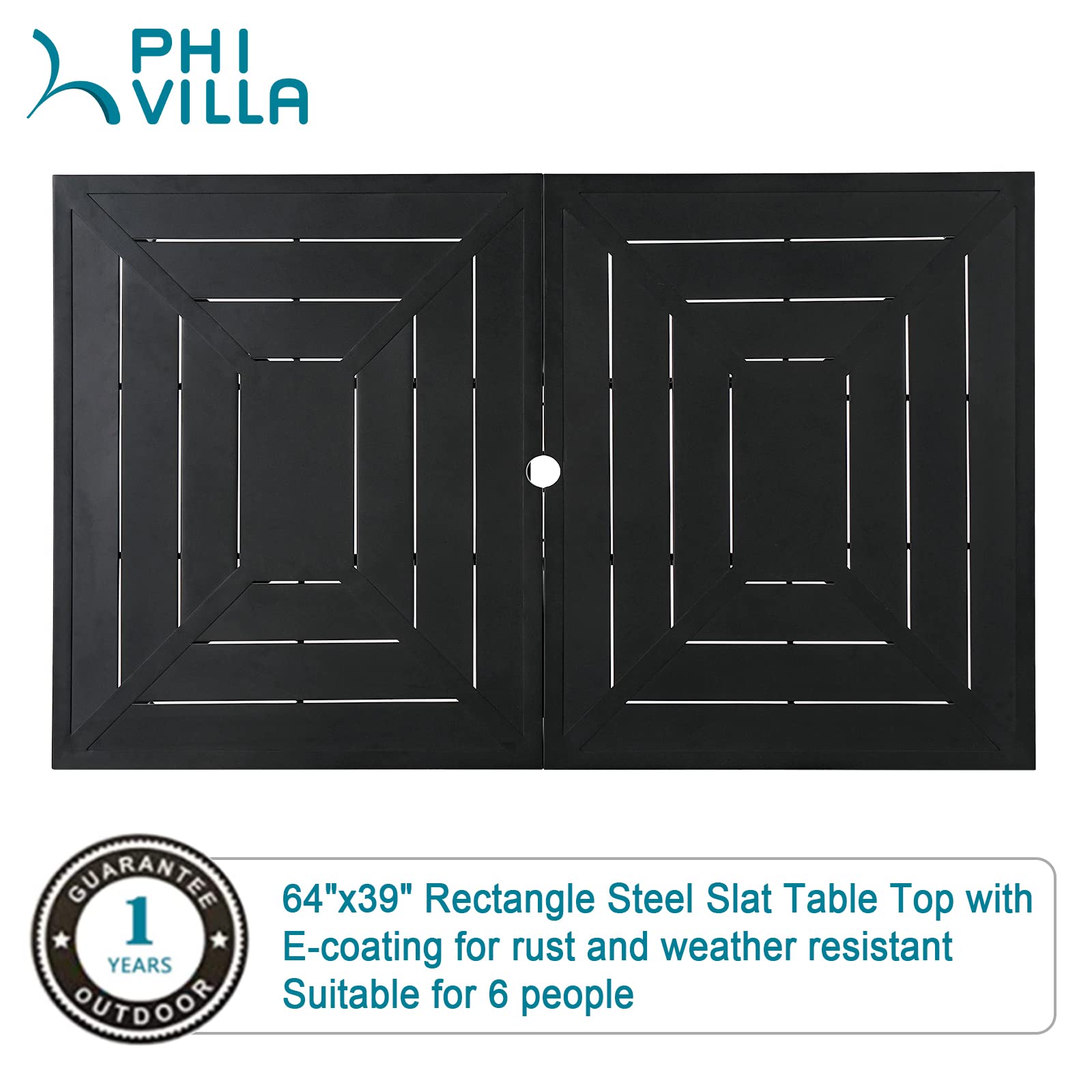PHI VILLA 64" Large Metal Patio Dining Table Steel Rectangular Outdoor Table, Weather-Resistant Table with 1.77" Umbrella Hole for Lawn Backyard Garden, Black