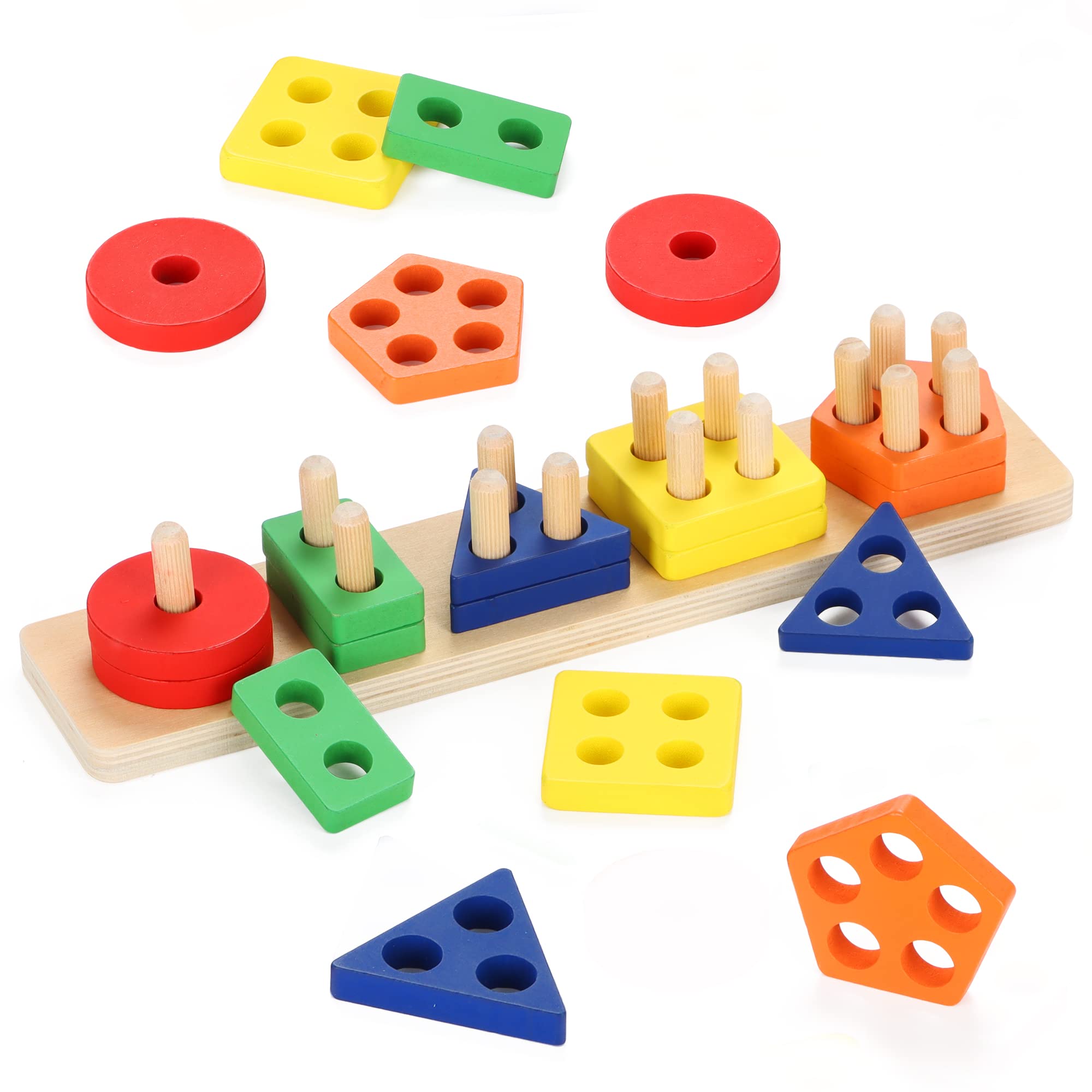 FLYINGSEEDS Wooden Sorting & Stacking Toys for Toddler 2 3 4 Year Old, Montessori Toys Shape Sorter Color Recognition Educational Puzzle Blocks, Best Gifts for Girls Boys Early Preschool Learning