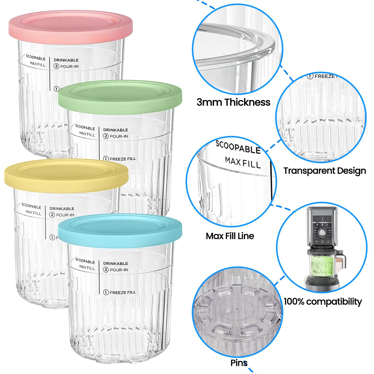 4 Pack-Compatible with NC501 NC500 Ninja Creami Deluxe Pints and Lids, Replacement for Ninja Creami 11-in-1 Series Deluxe Ice Cream Maker, 24oz Cups Dishwasher Safe with 5 Spoons and Insulated Bag