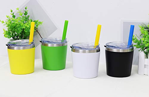Colorful PoPo Cute Small Stainless Steel Mom and Kids Tumbler, Stackable Toddler Smoothie Cup with Lid and Silicone Straws, Set of 2 (Green Yellow, 8 OZ)