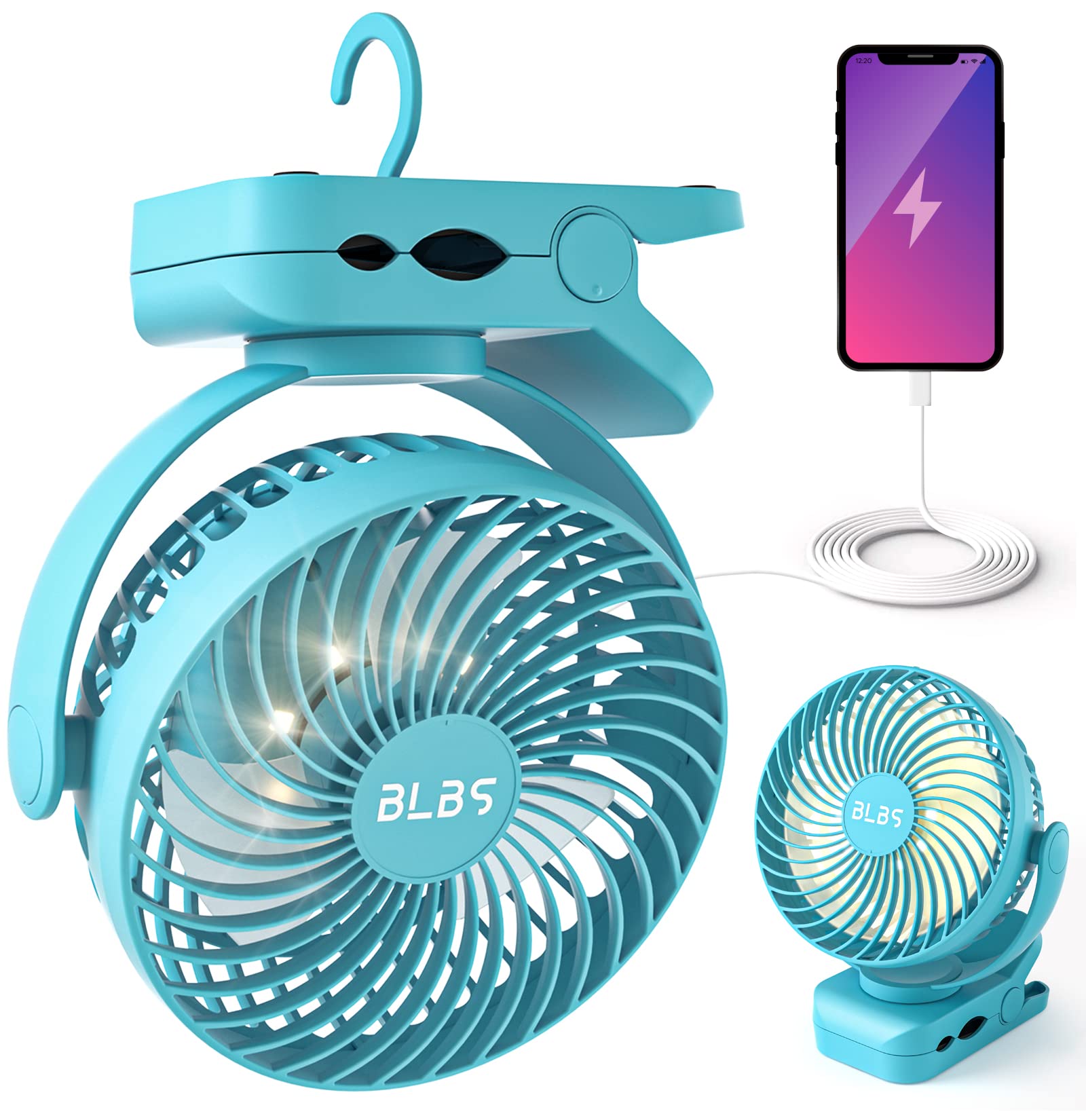 Camping Fan with LED Light - 12000mAh 65Hrs Battery Powered, Portable Rechargeable, Use As Power Bank, Clip On, Tent Fan for Camping, Camp Fan for Tent, Ceiling Fan for Tent RV Bed, Blue