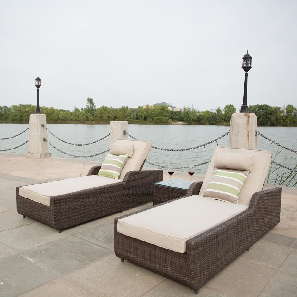 Abrihome® 3 Piece Outdoor Patio PE Rattan Adjustable Chaise Lounge Set with Cushion and Table (Brown)