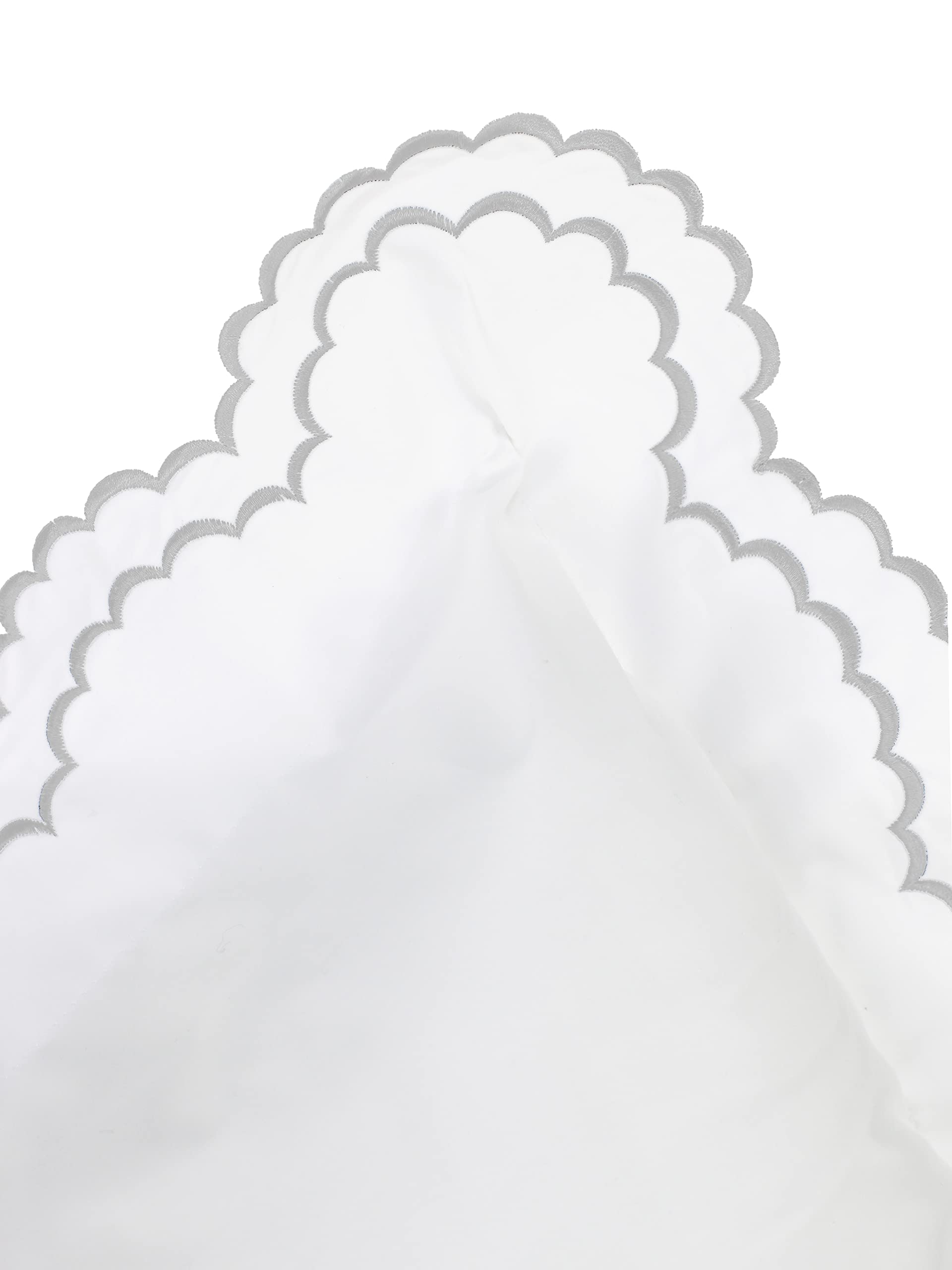 Double Scalloped Percale Weave Embroidered Full and Queen Size White Duvet Set 300 Thread Count 100% Cotton - Cool Crisp - Luxury Hotel Bedsheet - Oeko Tex Certified Deep Pocket - Gray Piping on Edges
