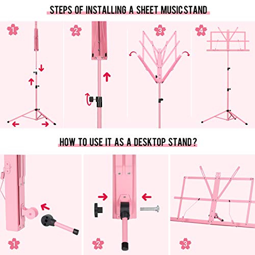 CAHAYA Sheet Music Stand Folding Music Stand Portable with Carrying Bag for Books Notes Pink CY0204-1