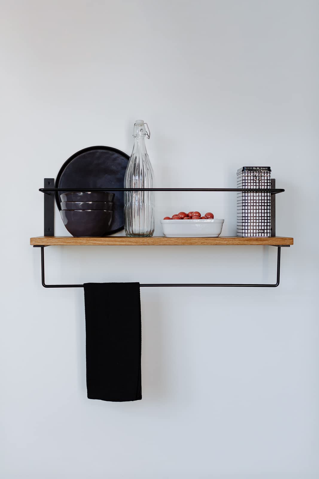 Wood Floating Shelves with Metal Towel Bar, Oak Kitchen Wall Storage Towel Rack, Bathroom Towel Holder, Wall Mounted Steel Towel Rack ETHIMO Classic I