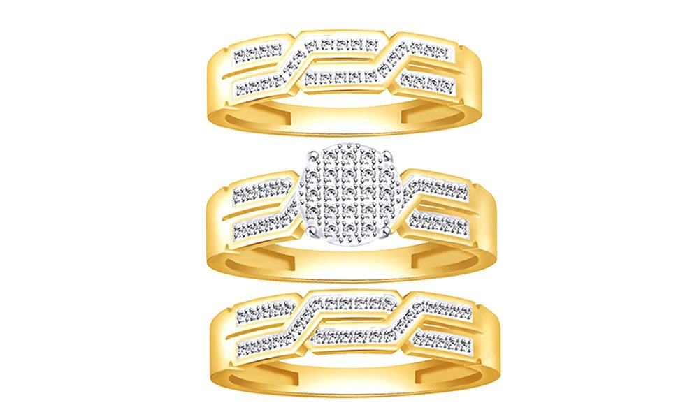 AFFY White Natural Diamond Wedding & Engagement Trio Band Ring Set in 10k Solid Yellow Gold (0.25 Carat)