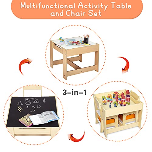 Kinfant Toddler Table and Chair Set - Activity Table for Toddlers with Double Side Detachable Tabletop, 3 in 1 Wood Activity Table for Toddlers Arts, Crafts, Drawing & Reading (Orange)