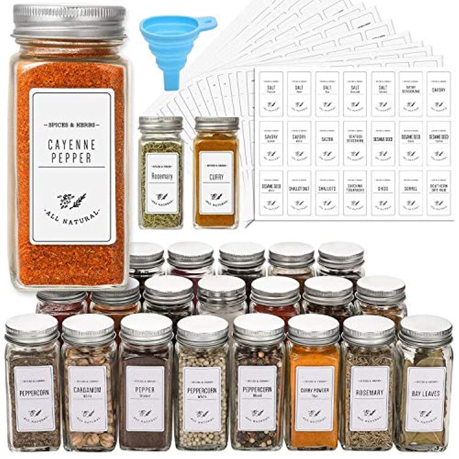AOZITA 36 Pcs Glass Spice Jars with White Printed Spice Labels - 4oz Empty Square Spice Bottles - Shaker Lids and Airtight Metal Caps - Silicone Collapsible Funnel