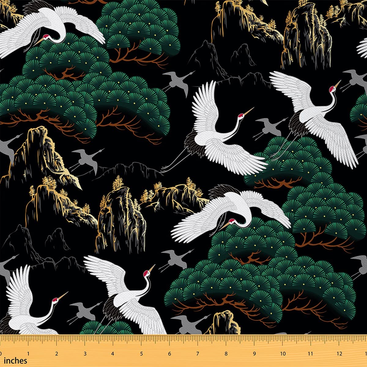Crane Fabric by The Yard Green Golden Sketch Mountain Trees Fabric for Craft Art Lovers Japanese Style Wild Bird Botanical Plants Fabric for DIY Upholstery and Home Accents 1 Yard