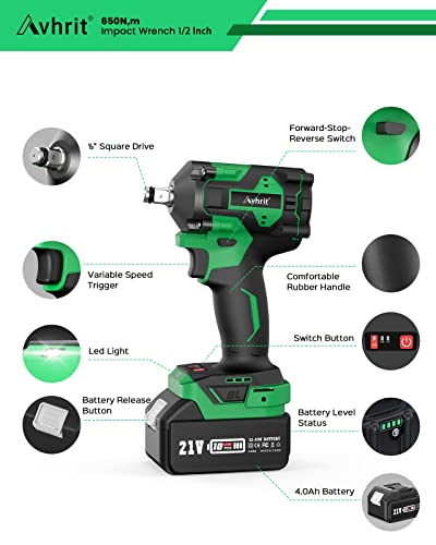 Avhrit Impact Wrench with a Battery, 650Nm/479ft-lbs Impact Wrench 1/2, Cordless Compact Impact Wrench, Brushless Impact Driver Kit for Car Tires Home
