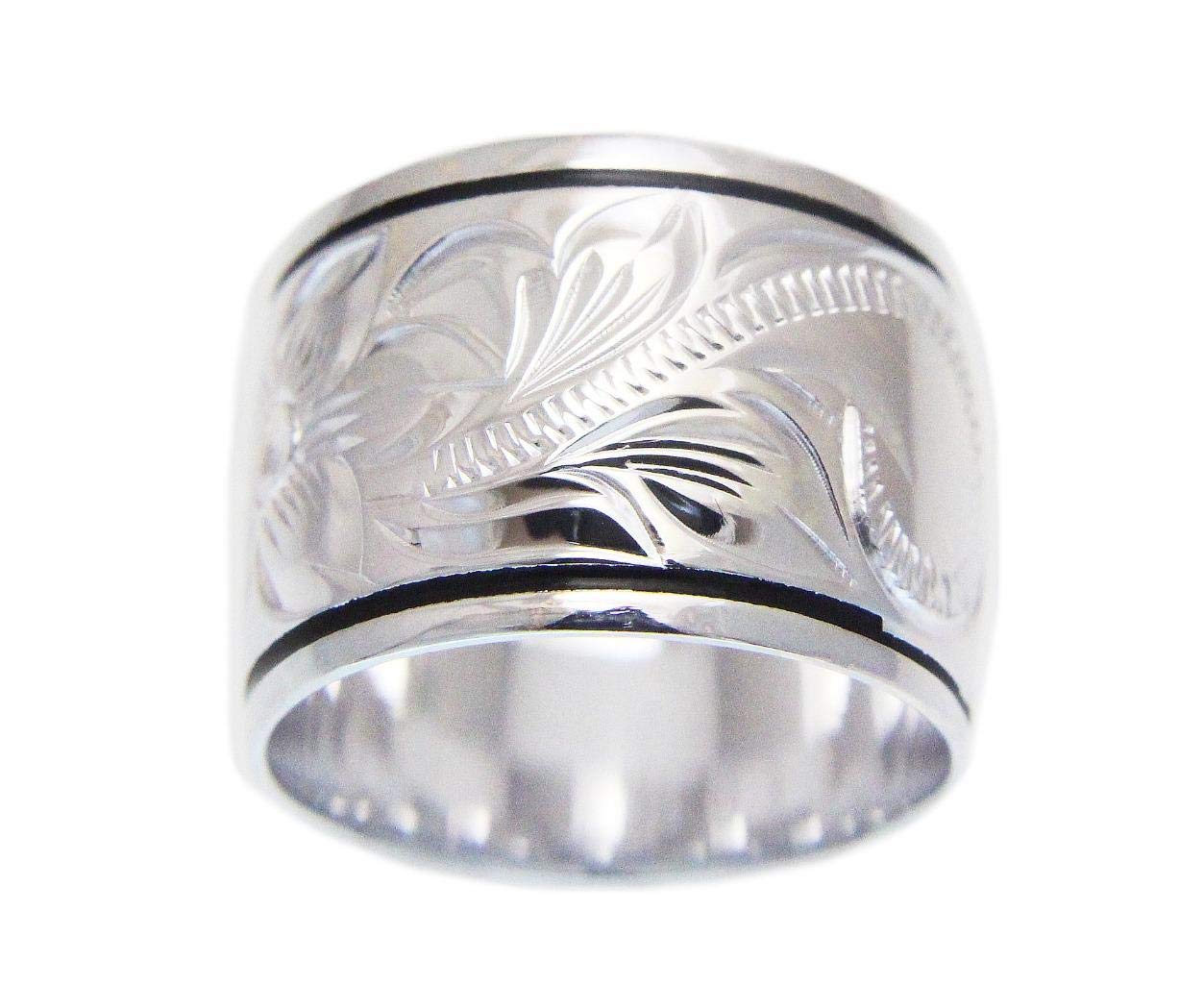 925 sterling silver Hawaiian plumeria scroll black enamel border 15mm ring size 13