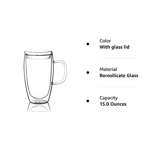 ALLYCE 15 Oz Double Walled Coffee Cups Glass Coffee Mugs Clear Coffee Mug with Lid Insulated Coffee Mug Perfect for Cappuccino,Tea,milk,Espresso,juice, Hot Beverage with Handle (15oz, with glass lid)