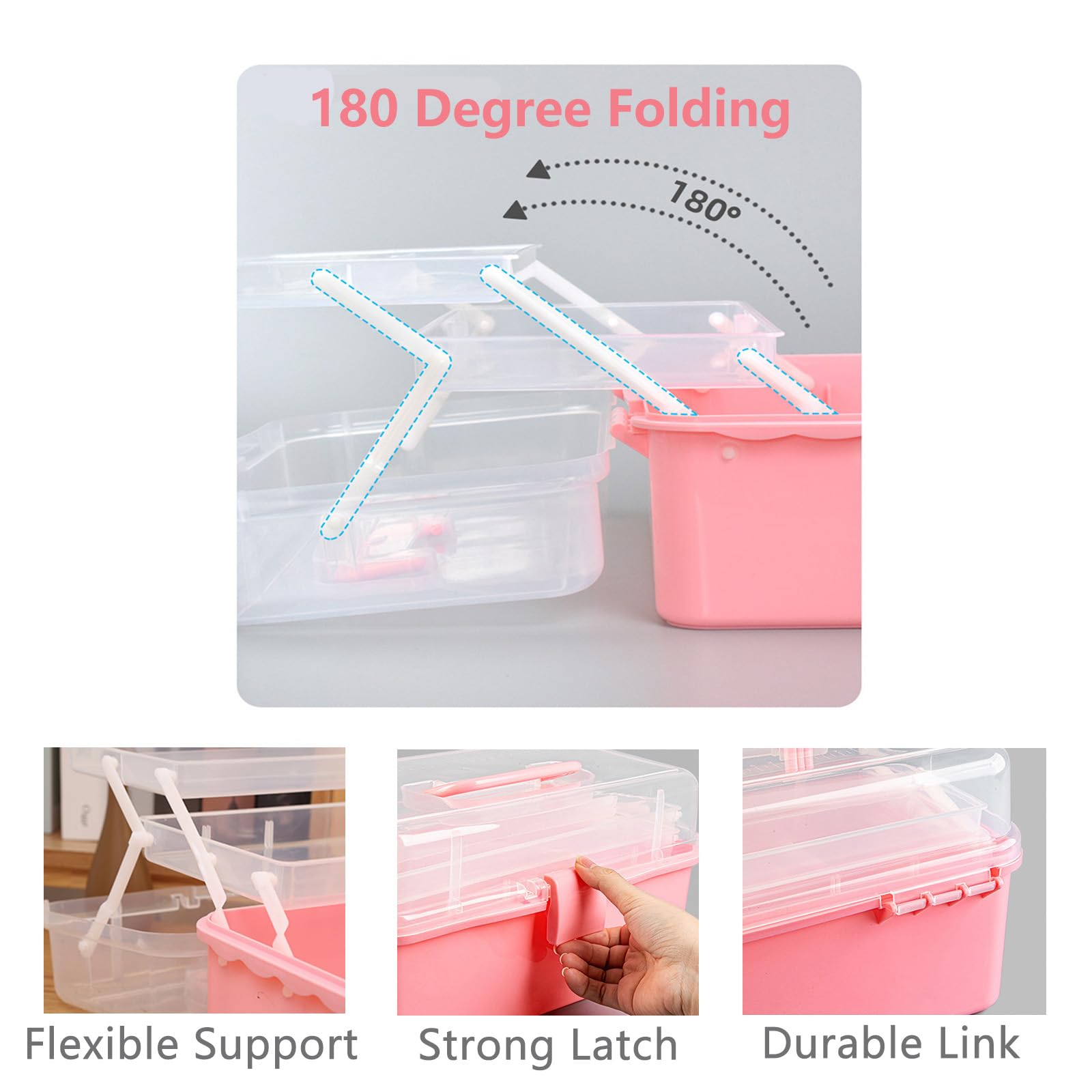 Acrux7 2 Pack Pink Tackle Box Organizer 3 Layers Craft Storage Organizers 10.6'' Plastic Portable Storage Box with Handle and 2 Trays, Folding Craft Box for Arts, Medicine, Sewing, Painting Supplies