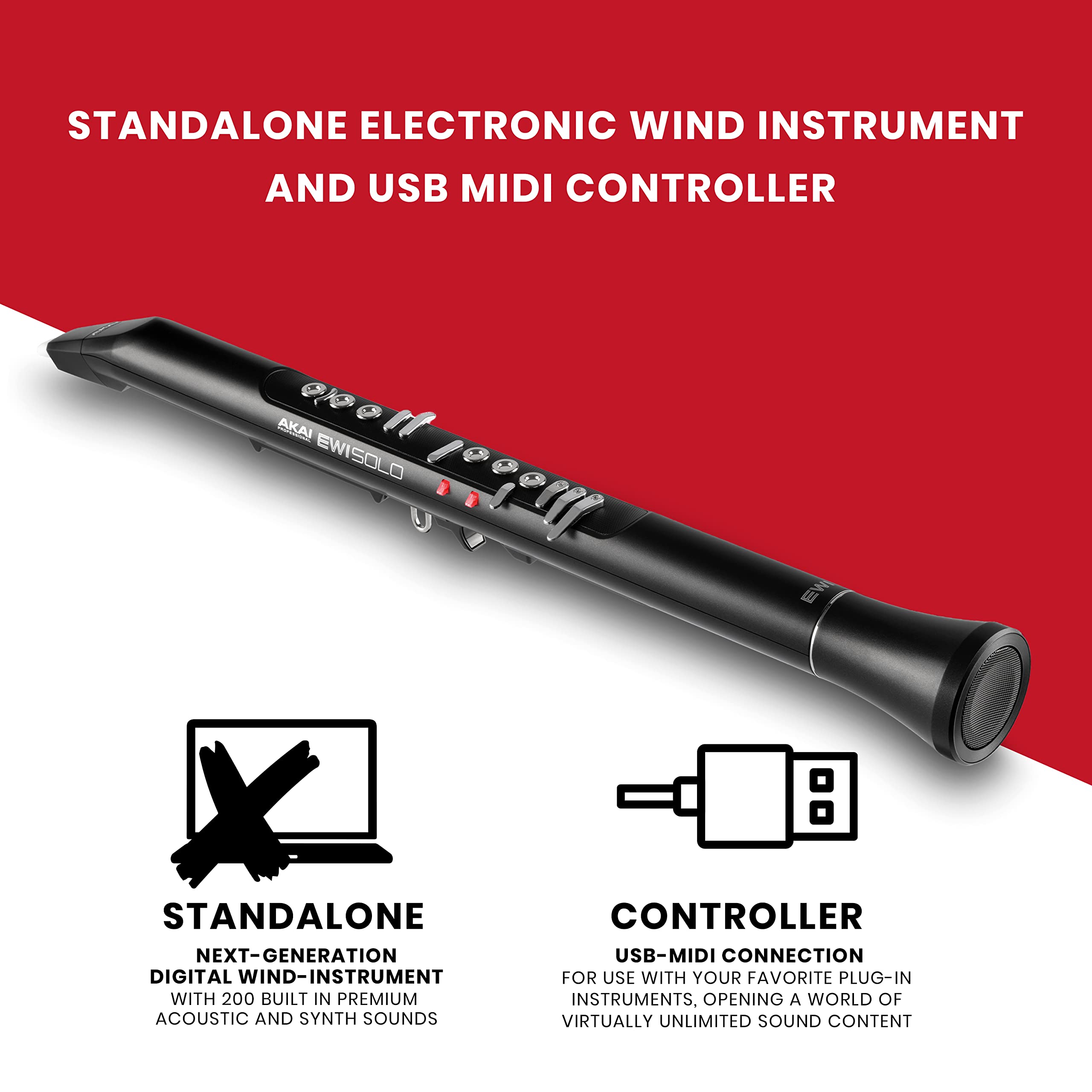 AKAI Professional EWI Solo - Electronic Wind Instrument With Built-in Speaker, Rechargeable Battery, 200 Sounds and USB MIDI Connectivity,Black