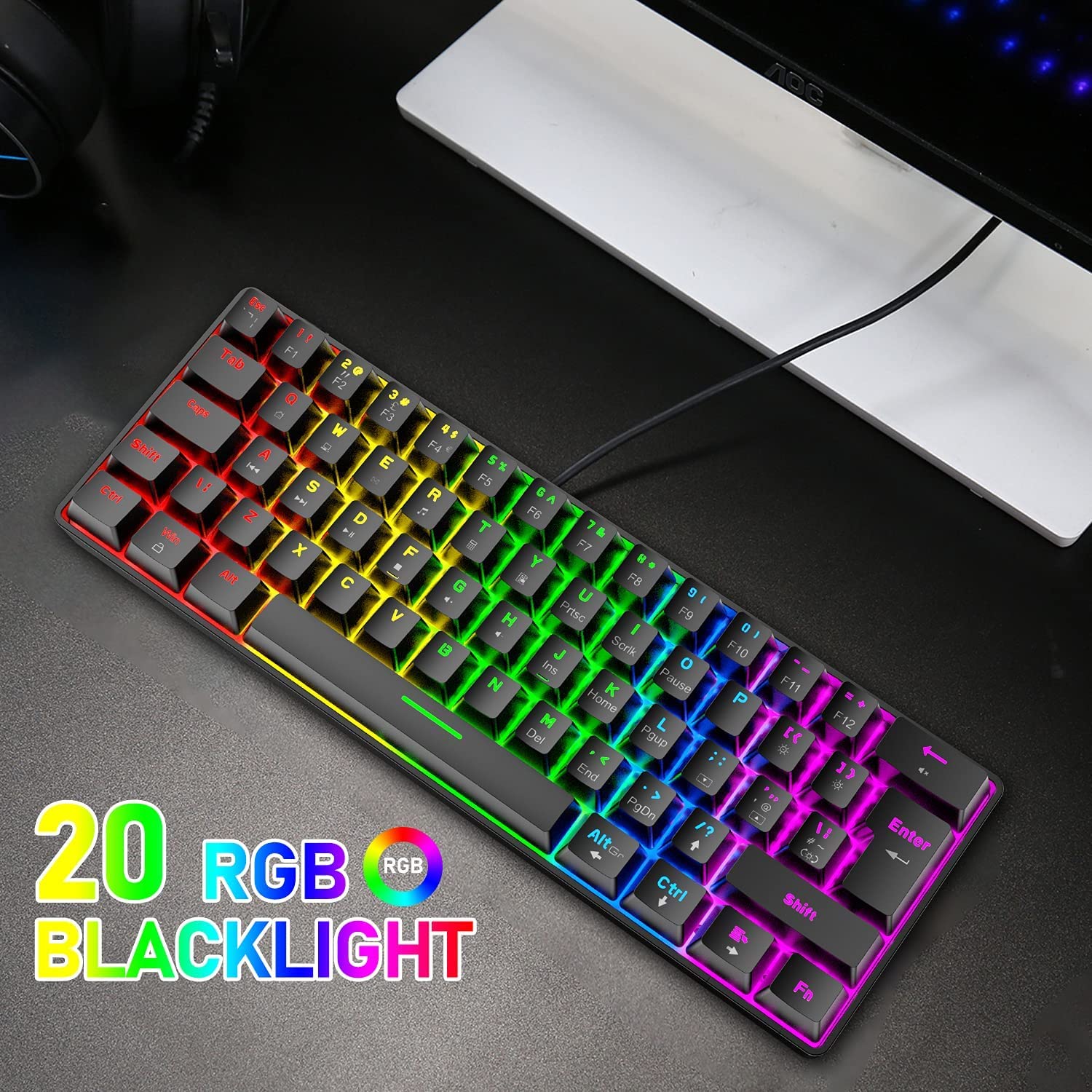 60% Wired Mechanical Gaming Keyboard and Mouse Combo, Ultra-Compact Mini 62 Keys Type C Chroma 20 Rainbow Backlit Effects,RGB Backlit 6400 DPI Lightweight Gaming Mouse with Honeycomb Shell for PC/Mac