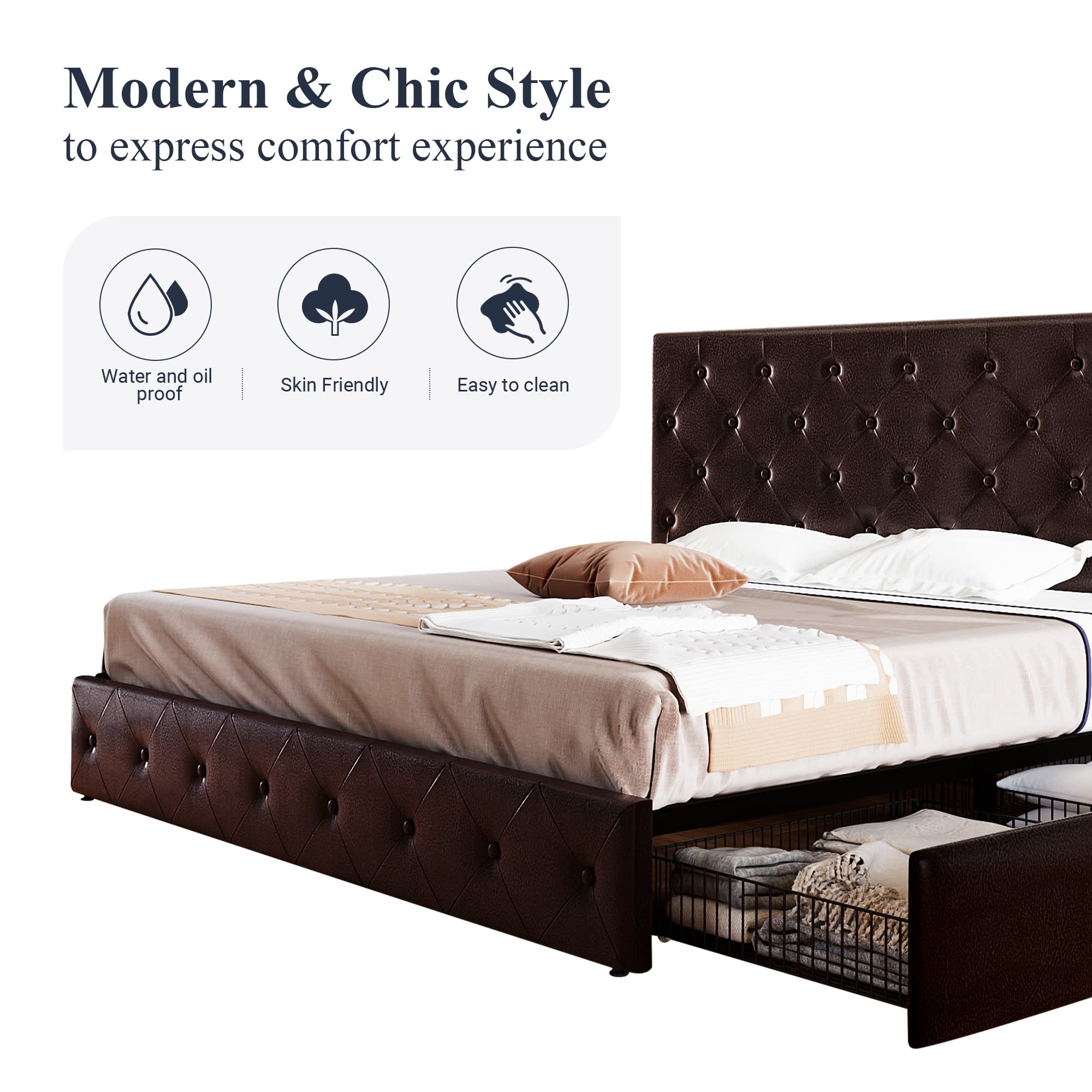 Allewie Queen Size Platform Bed Frame with 4 Storage Drawers and Adjustable Headboard, Diamond Stitched Button Tufted Faux Leather Upholstered Mattress Foundation, No Box Spring Needed, Black Brown
