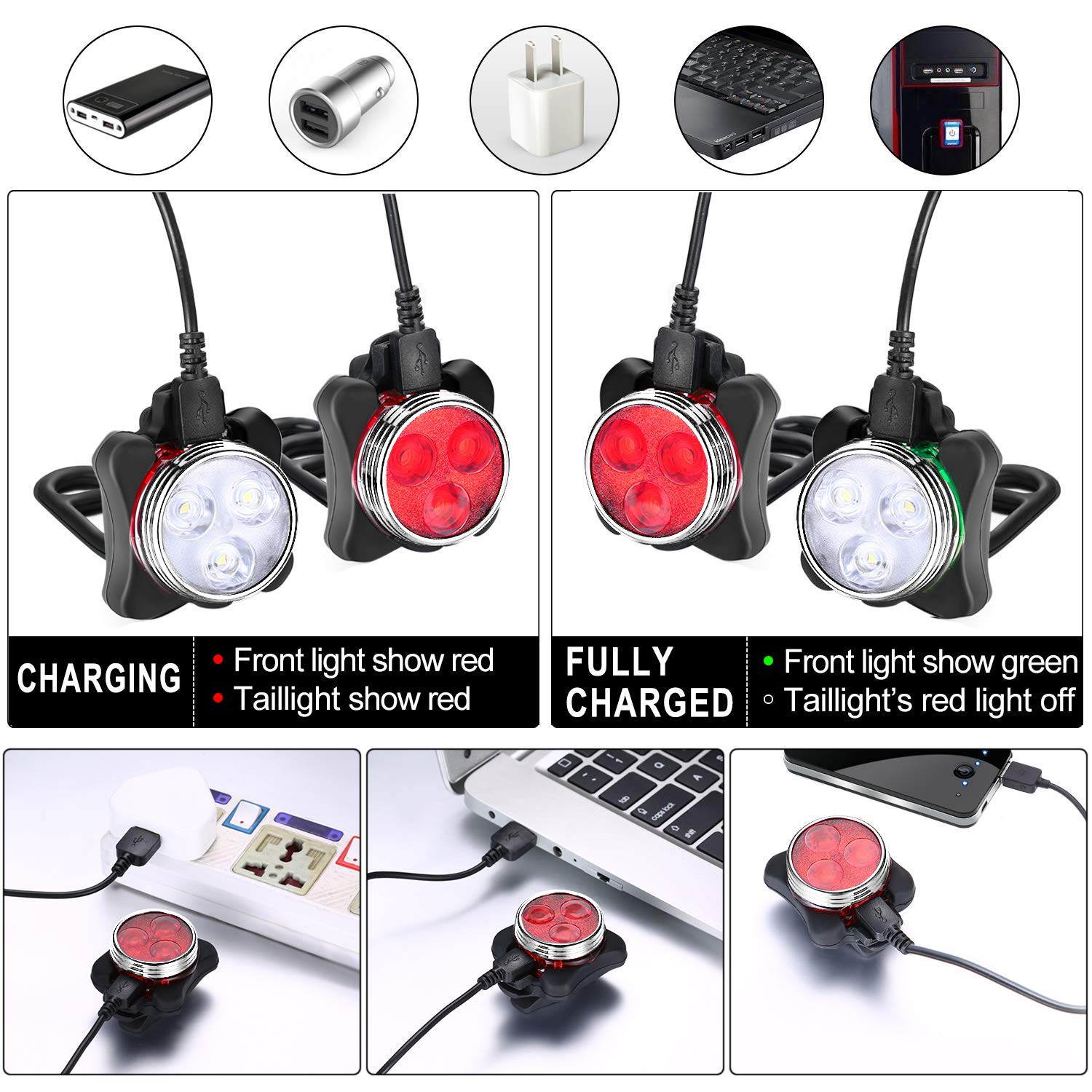 AKALE Rechargeable Bike Light Set, LED Bicycle Lights Front and Rear, 4 Light Mode Options, 650mah Lithium Battery, Bike Headlight, IPX4 Waterproof, Easy to Install for Men Women Road 2 Pack