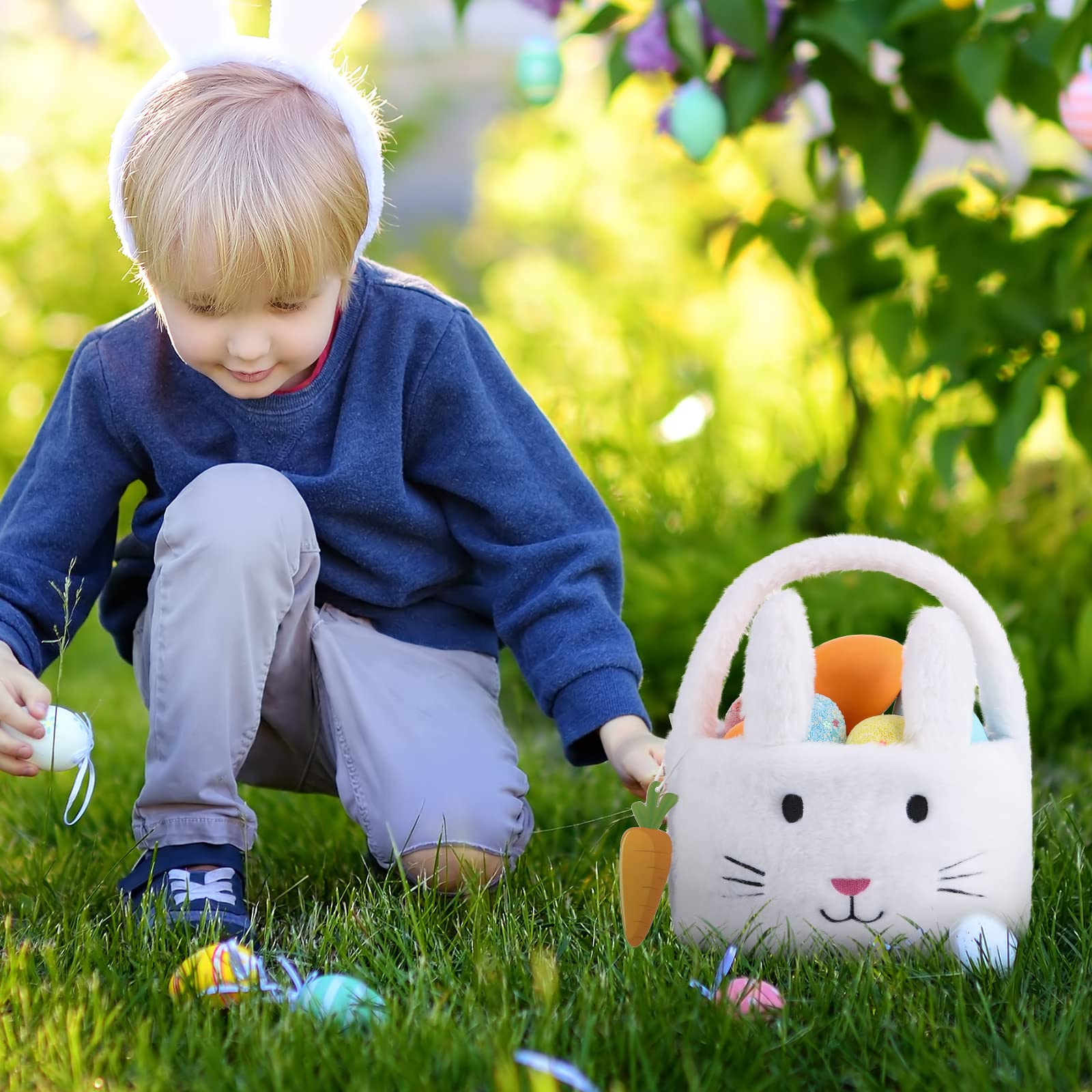 4 Pcs Easter Bunny Basket for Kids Cute Plush Rabbit Basket with Handle Foldable Ears White Basket with Carrot Name Card for Baby Girl Boy Easter Egg Hunt, 9.84 x 7.87 Inch