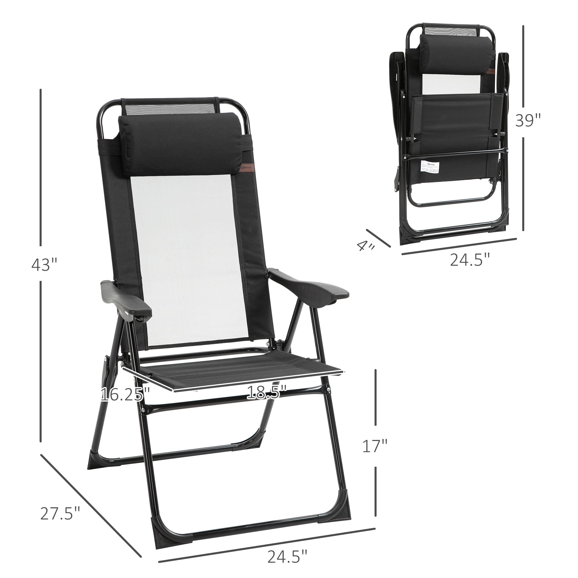 Outsunny Folding Patio Chairs Set of 2, Outdoor Deck Chair with Adjustable Sling Back, Camping Chair with Removable Headrest for Garden, Backyard, Lawn, Black