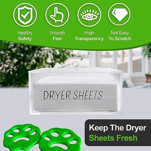 Acrylic Dryer Sheet Holder , Dryer Sheet Dispenser with Lid , Laundry Room Decor & Organization , ModernStyle Multi-Purpose Laundry Pods , Dryer Balls , Free pet hair remover for laundry