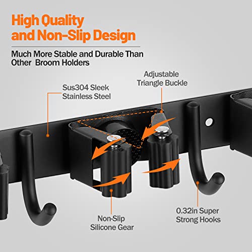 LOVZEN Broom Holder Wall Mount, Broom Organizer Wall Mount Stainless Steel Mop and Broom Holder Wall Mounted Heavy Duty Broom Hanger Storage Rack for Kitchen,Laundry Room,Garden 5 Rack 4 Hooks Black