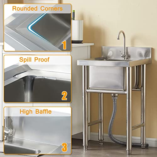 ALEEJA Portable Handwashing Sink, Commercial Sink Single Bowl Washing Sink, Stainless Steel Kitchen Sink Utility Sink for Restaurant