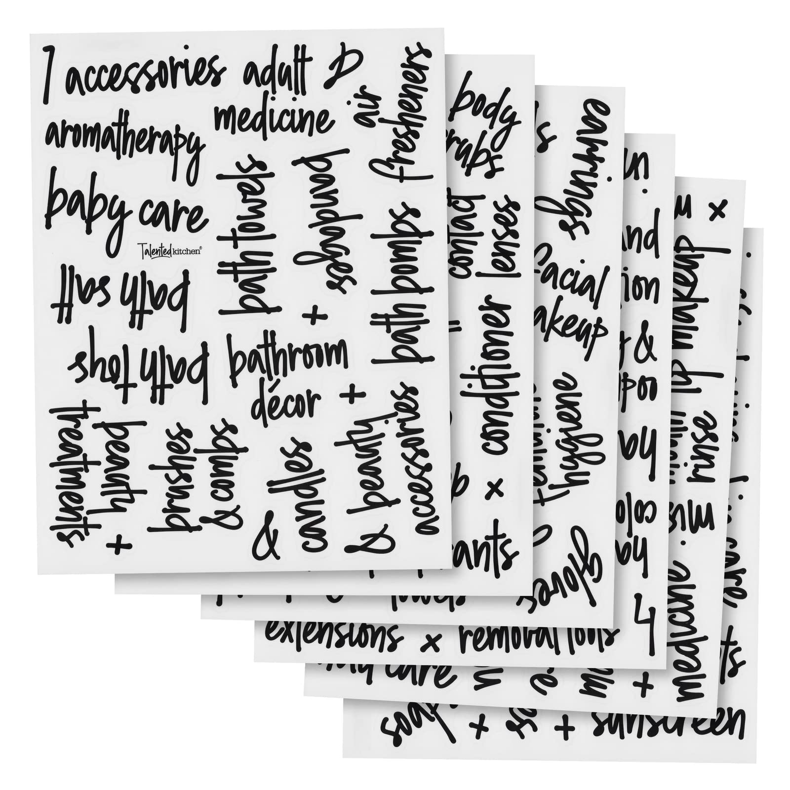 Talented Kitchen 192 Preprinted Bathroom Labels for Containers - Black Script Stickers for Organizer Bins, Bath, Beauty Canisters, and Makeup Storage Organization (Water Resistant)