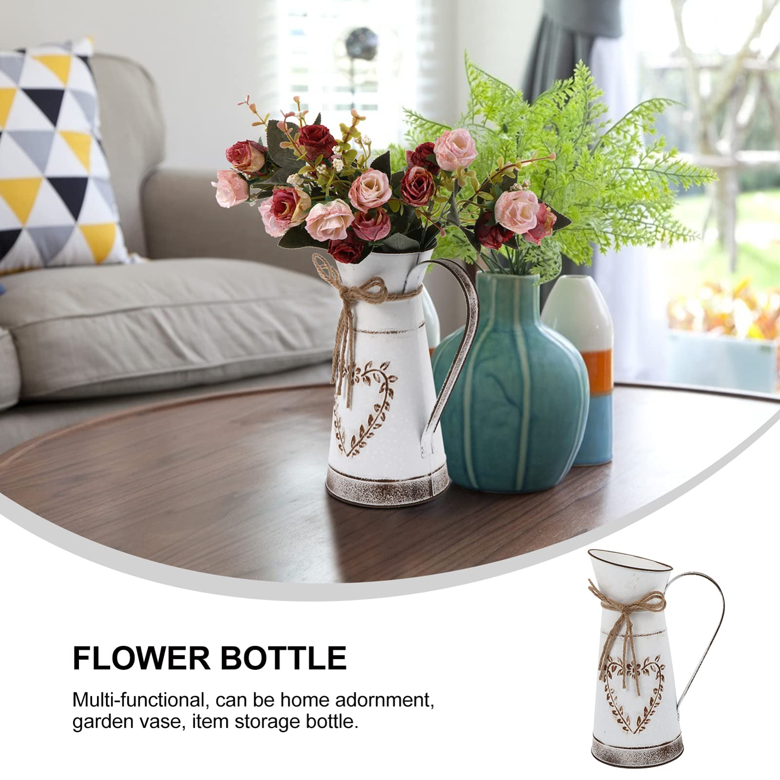 GANAZONO French Pitcher Vase Metal Heart Leaf Flower Pitcher Flower Arrangement Pot Decorative Water Jug for Home Office Garden (White) Size L