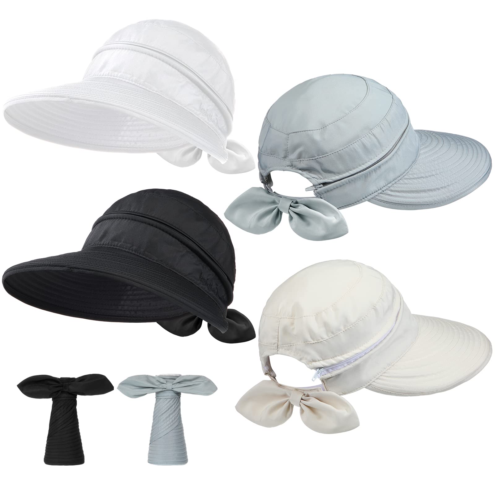 4 Pcs Foldable Sun hat Visor Ponytail Hat Women Summer UV Protection Hat 2 in 1 Zip Off Hat Large Wide Brim Visor Golf Foldable Cap Removable Top Cover for Outdoors Sports