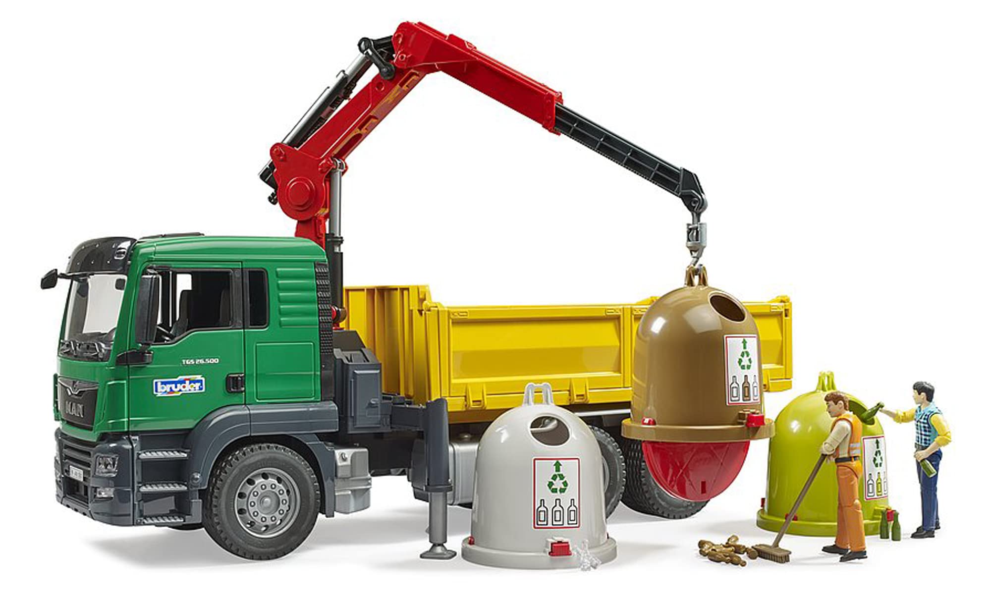 Bruder 03753 Man TGS Truck with Loading Crane, 3 Recycling Containers and Bottles
