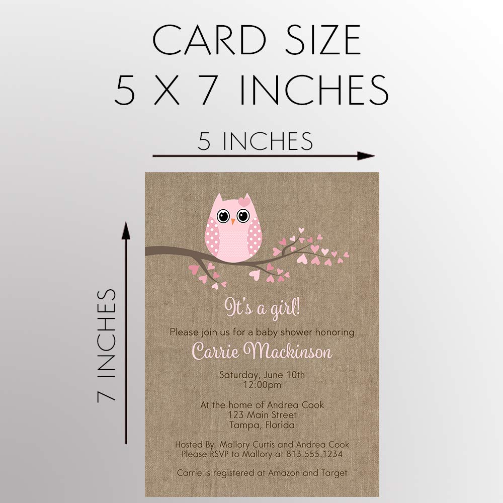 Owl Baby Shower Invitations Baby Girl Pink Burlap Kraft Country Shabby Chic Barn Hoot Custom Printed Invites (12 Count)