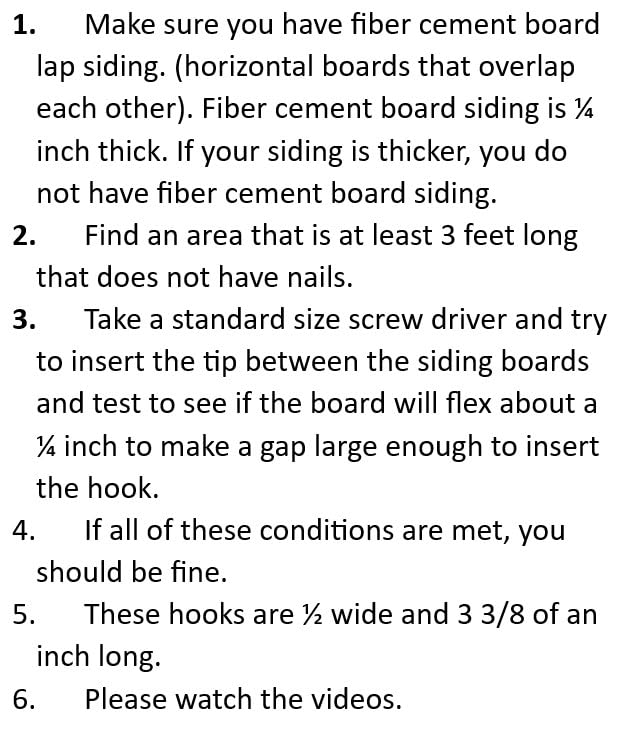 NoDamageHooks The Original for Fiber Cement Board siding ONLY! (8 Hooks and 1 Tool) - Invented, Patented and Made in The USA!