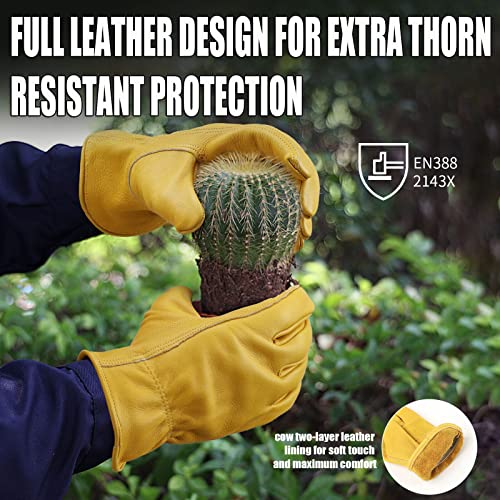 OZERO Leather Work Gloves Flex Grip Stretchable Tough Cowhide Work Gloves 1 Pair (Gold, Medium)
