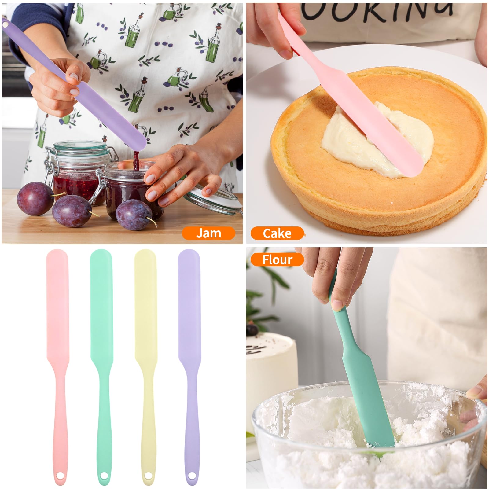 4 Pcs Silicone Jar Spatulas, Non-Stick Heat Resistant Cake Cream Spatulas Set, 9.8 inch Cake Cream Butter Spatulas(4 colors)