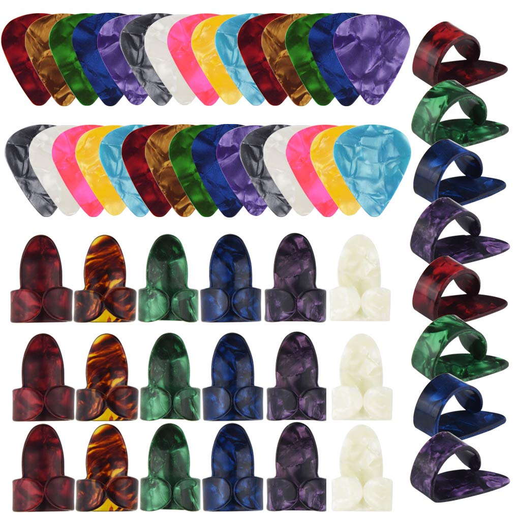 62pcs Guitar Picks Set including 8pcs Thumb Picks 24pcs Index Finger Picks 30pcs 0.46mm Guitar Picks (Mixed Color)