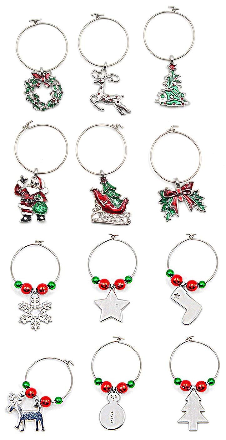 AUXO-FUN 12 Pieces Christmas Wine Glass Charms for Stemmed Goblets Glasses Drink Markers to Identify Your Drinks Bringing Cheers to Your Holiday Party