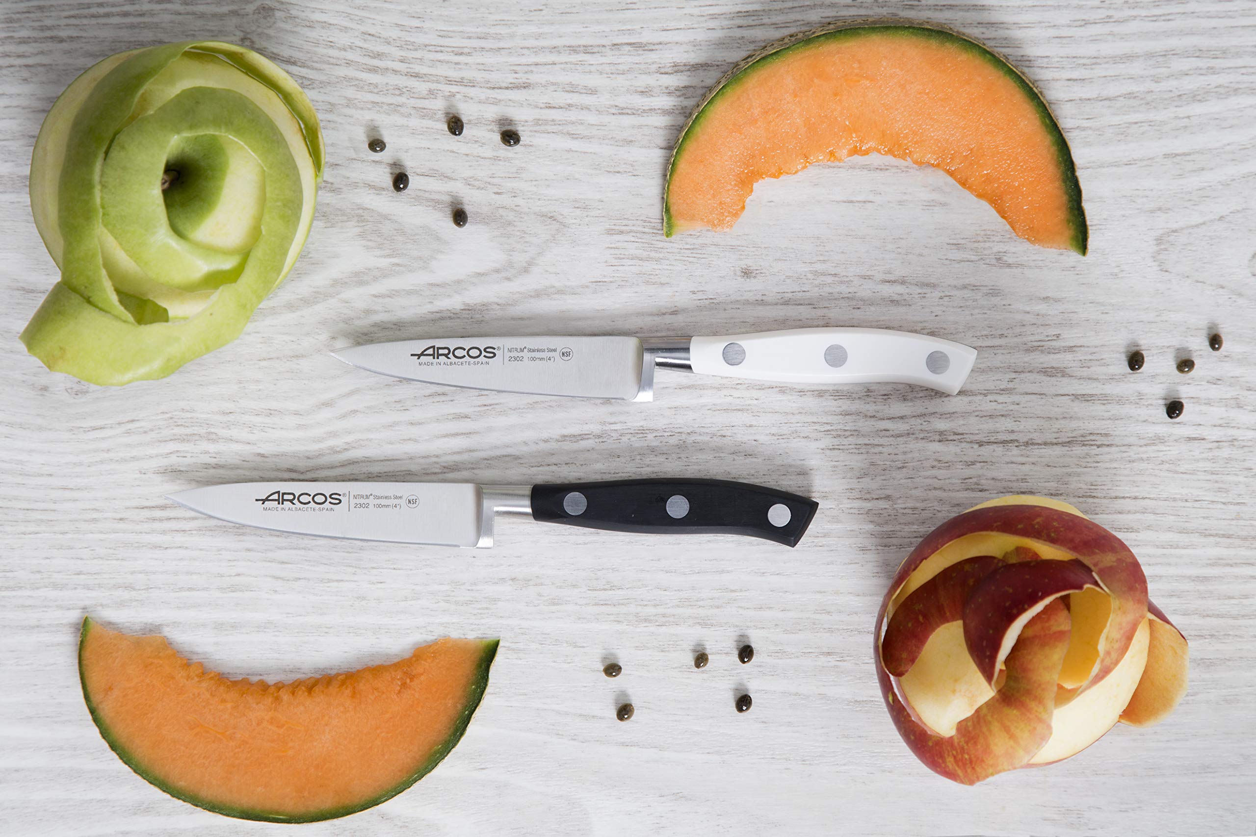 ARCOS Forged Paring Knife 4 Inch Stainless Steel. Kitchen Knife for Peeling Fruits and Vegetables. Ergonomic Polyoxymethylene Handle and 100mm Blade. Series Riviera Blanc. Color White