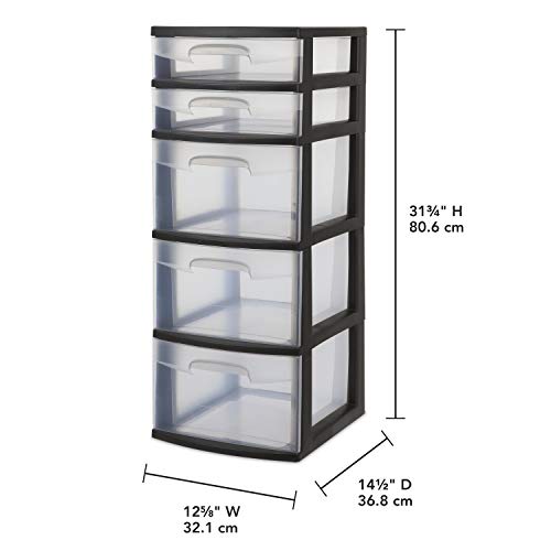 Sterilite 5 Drawer Tower Drawers & Carts, 12.63 Inches, Pack of 2, Black, 2 Count