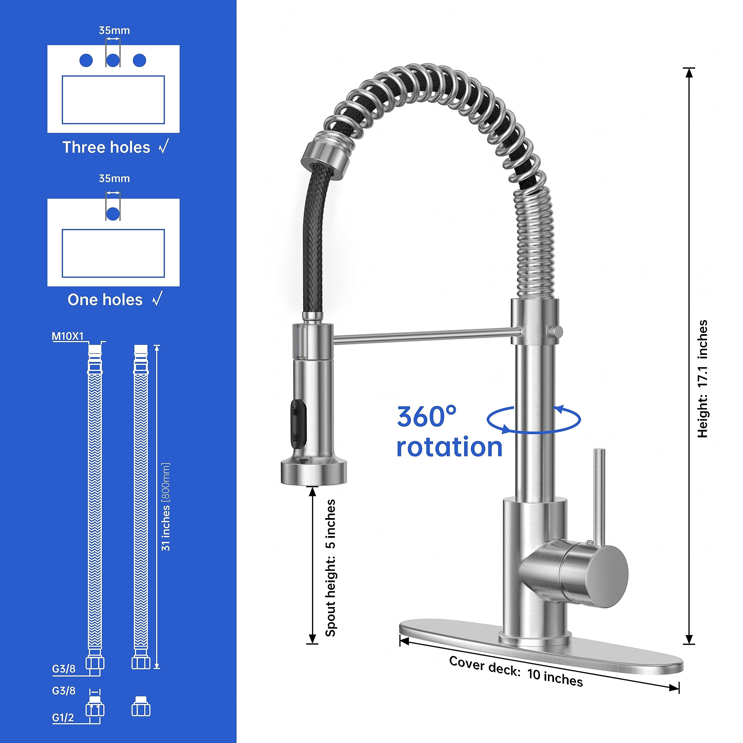 IBOFYY Brushed Nickel Kitchen Faucets Single Handle Commercial Kitchen Sink Faucet with Multifunctional Pull-Down Spout for Farmhouse RV Bar with 3 Hole Deck (Brushed Nickel)