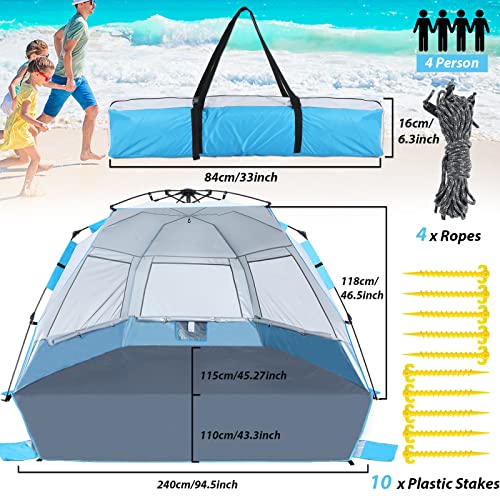 ABCCAMPING Beach Tent Instant Pop up Sun Shade Shelter for 4-6 Person with UV Protection,Extended Floor,3 Mesh Roll Up Windows with Carry Bag, Sandbags, Stakes(Sky Blue)